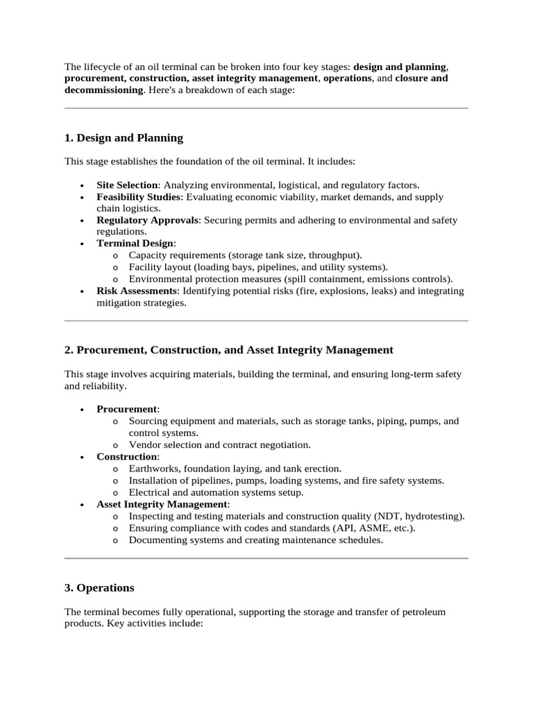 The Lifecycle Of An Oil Terminal Can Be Broken Into Four Key Stages Pdf Leak