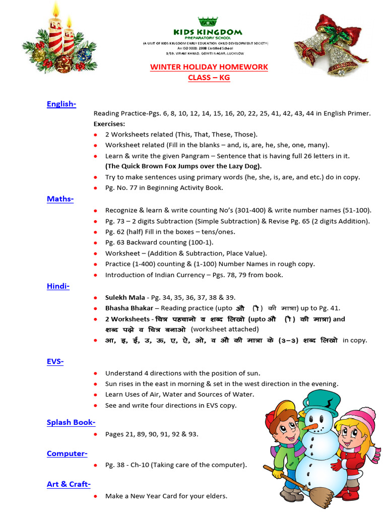 KG - WINTER HOLIDAY HOMEWORK 24-25 | PDF