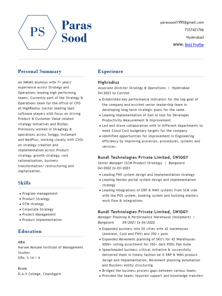 Paras Sood Resume | PDF | Strategic Management | Supply Chain Management
