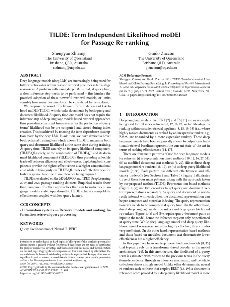 TILDE Term Independent Likelihood moDElfor Passage Re-ranking | PDF | Information Retrieval ...