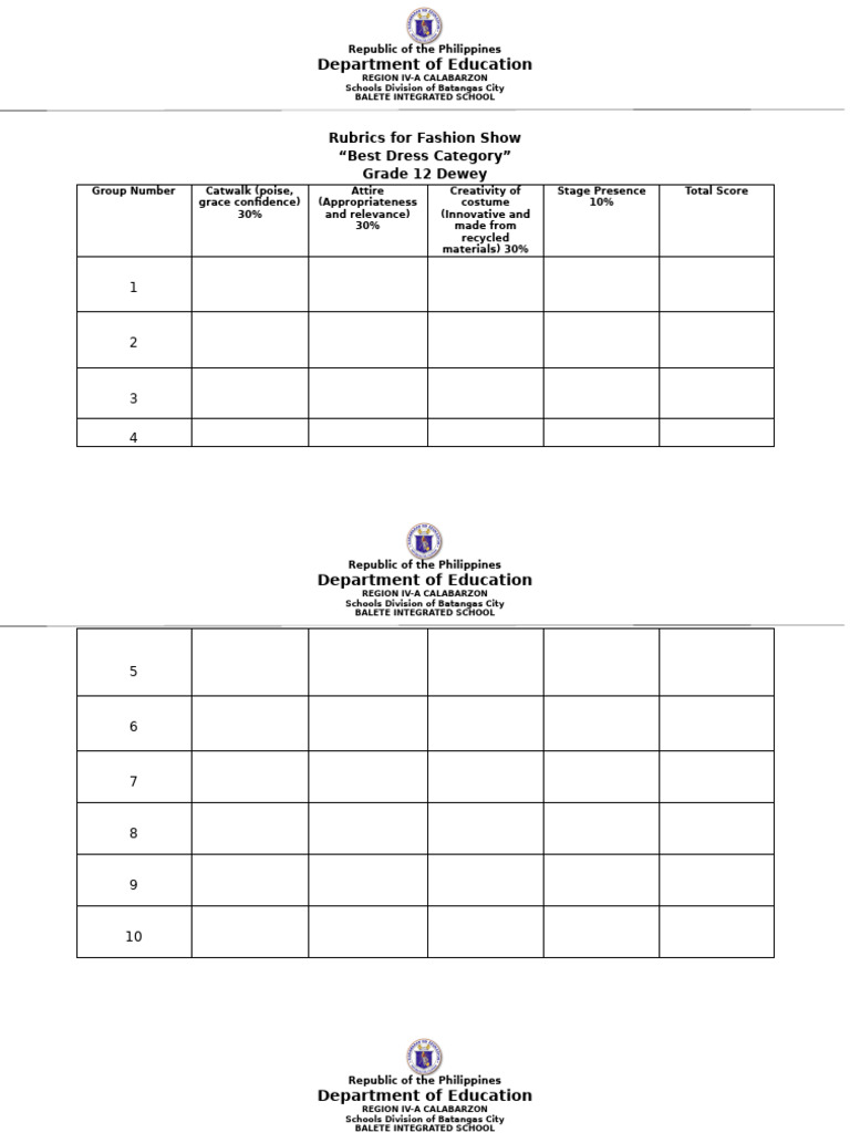 Fashion Show Rubrics for Grade 12 | PDF | Style | Clothing