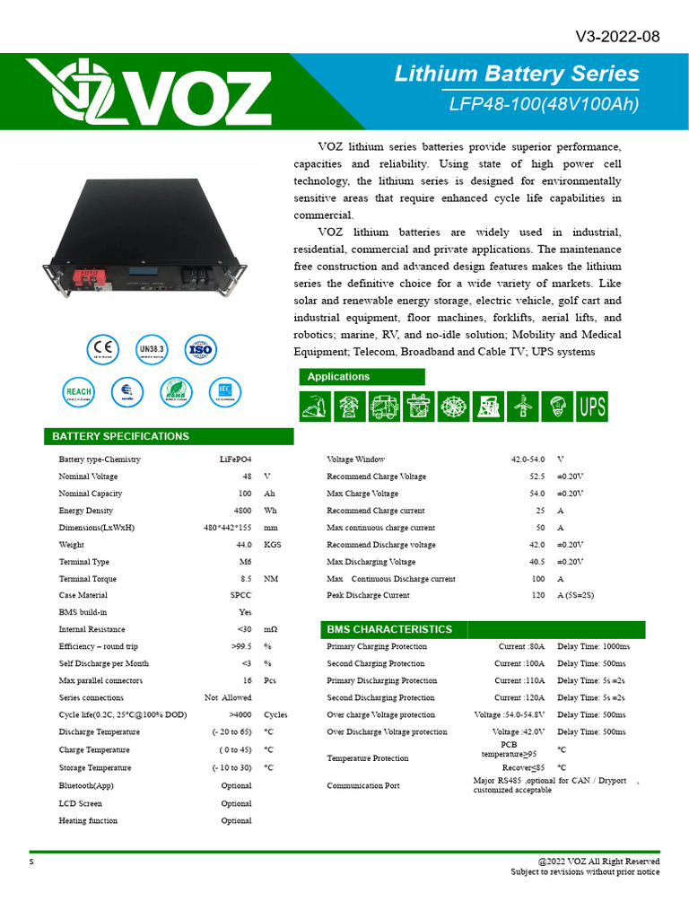 VOZ-48V100 | PDF | Rechargeable Battery | Battery (Electricity)