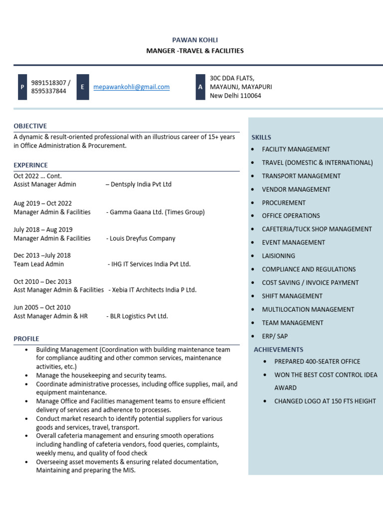 Pawan Kohli: Travel & Facilities Manager | PDF | Economies | Business