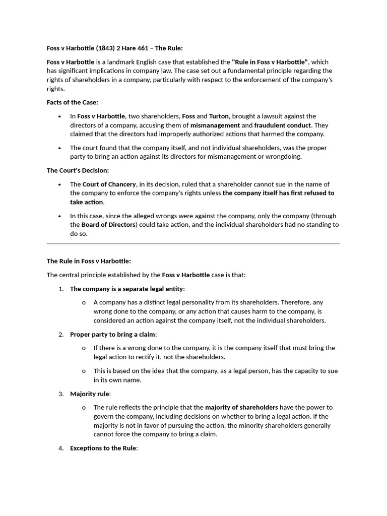 Foss v Harbottle: Shareholder Rights Explained | PDF | Business Law ...