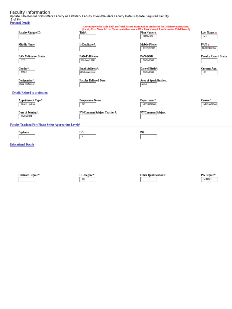 AICTE Faculty Details 2024-25 Srinivas M K | PDF | Vocational Education | Educational Stages