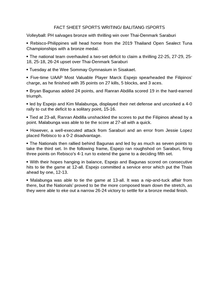 Sports Writing Fact Sheet Overview | PDF | Volleyball | Contract Bridge
