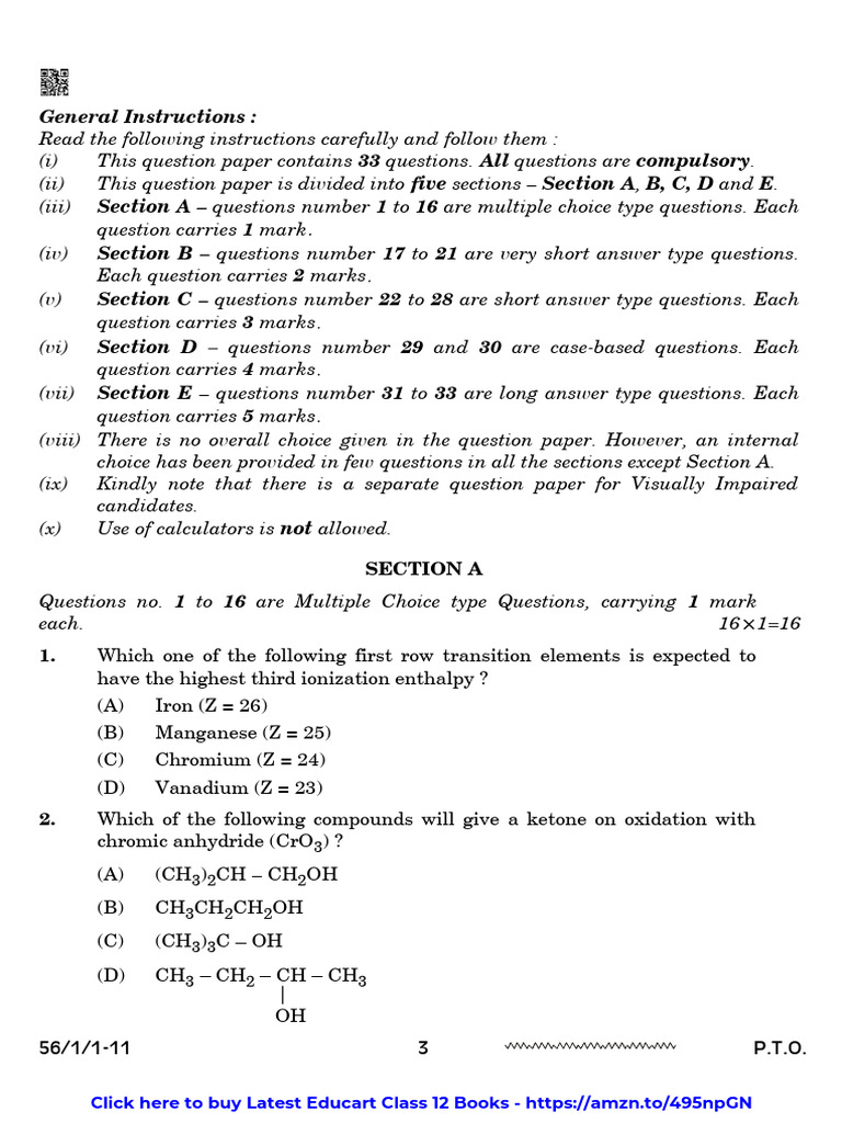 Chem 2024 Class 12 Ques Ppr 1 | PDF | Coordination Complex | Chemistry