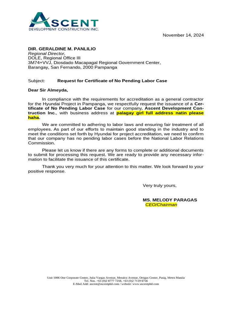 Request for Certificate of No Pending Case | PDF