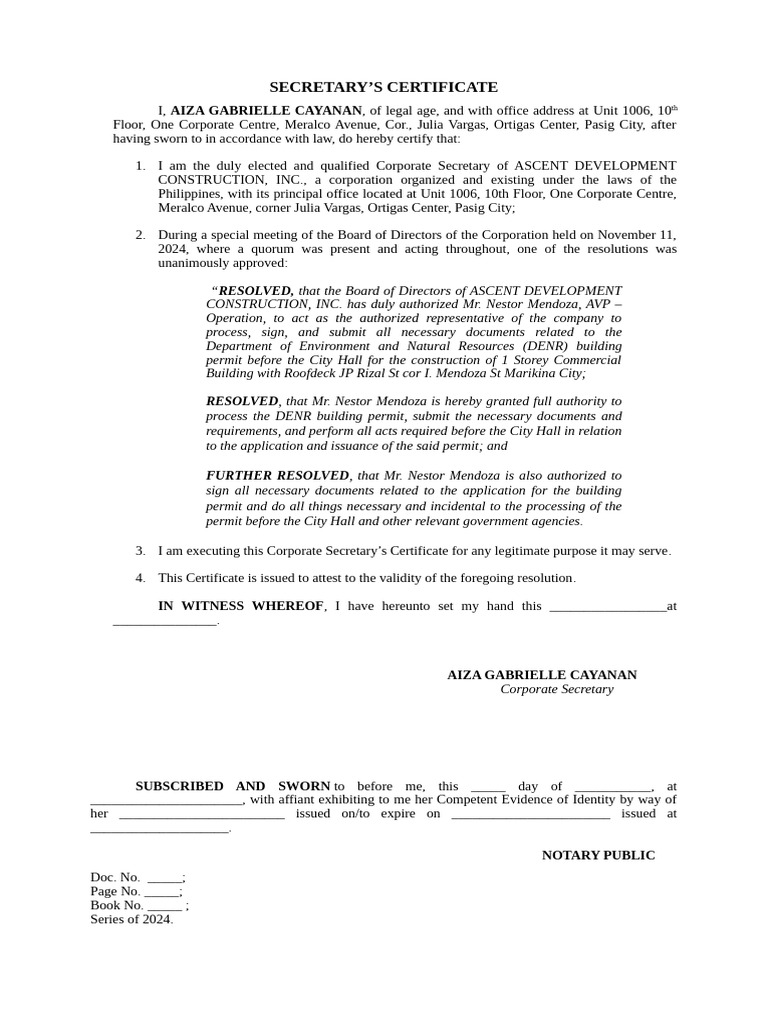 Corporate Secretary's Certificate for DENR Permit | PDF | Justice ...