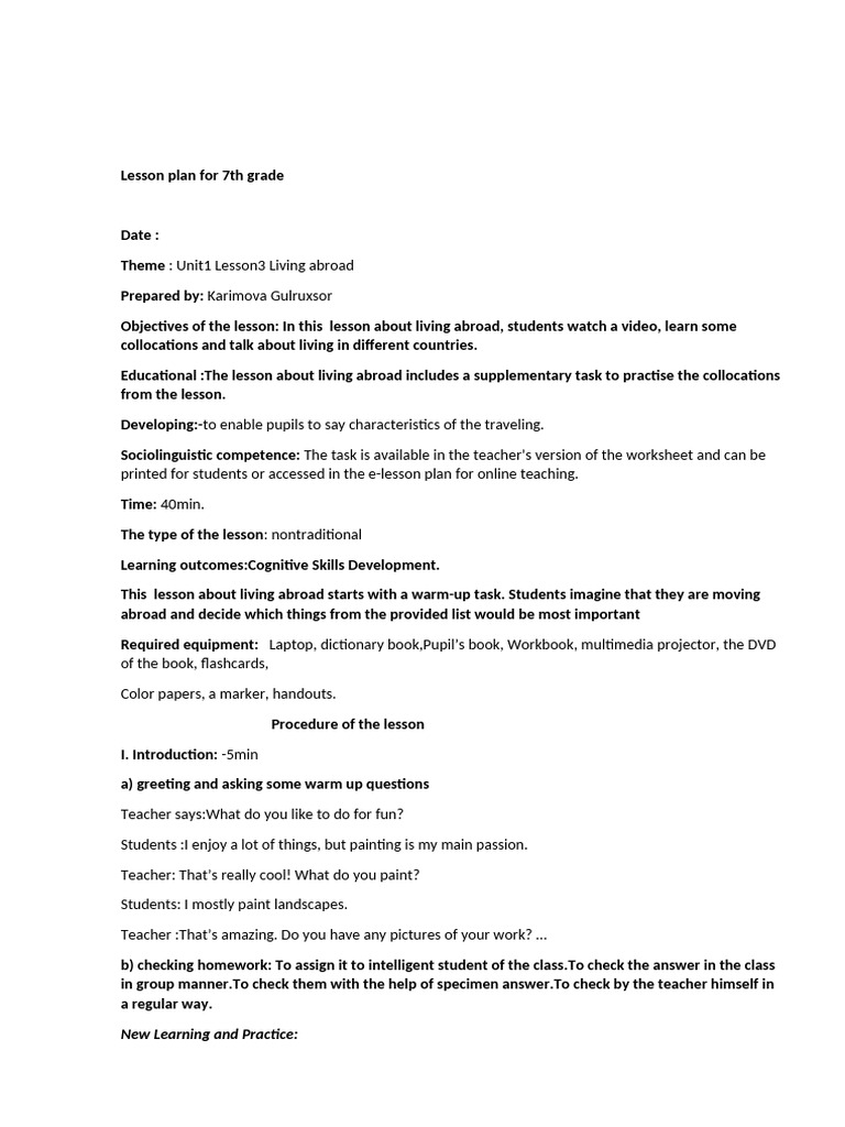 7th Grade Lesson Plan: Living Abroad | PDF | Lesson Plan | Learning