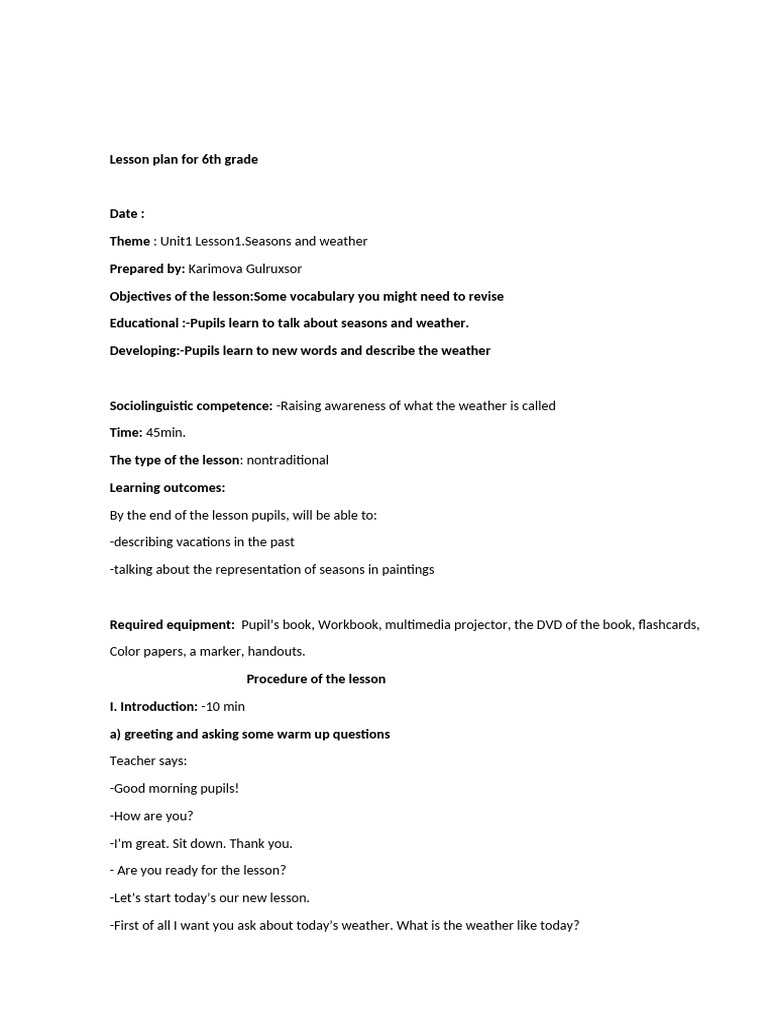 6th Grade Lesson Plan: Seasons & Weather | PDF | Human Communication | Learning