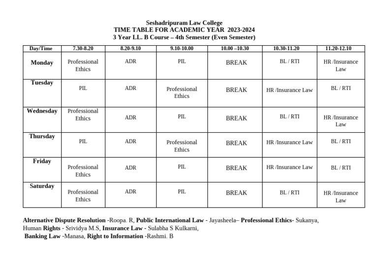 Timtable 2024 Even Sem 2nd Yr 3yr LLB | PDF