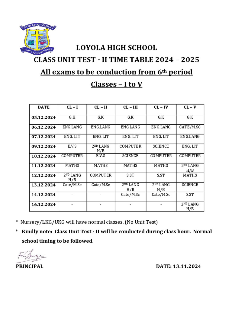 Classes - I to V CLASS UNIT TEST - II TIMETABLE 2024 | PDF