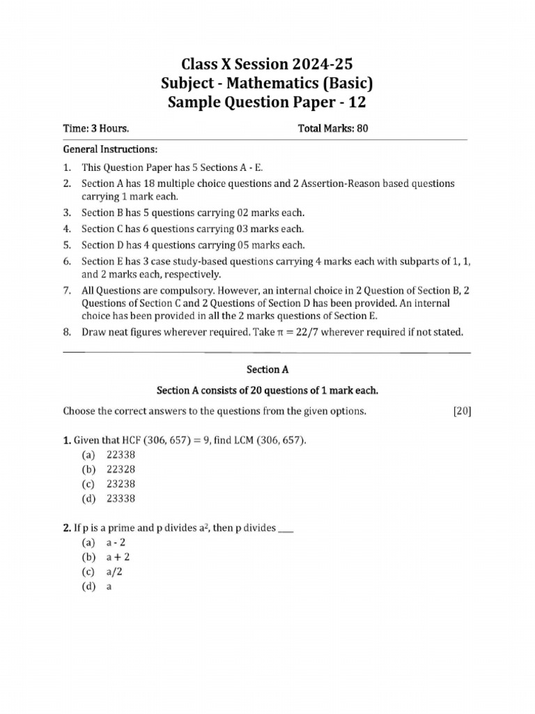 Class X Math Sample Paper 12 | PDF