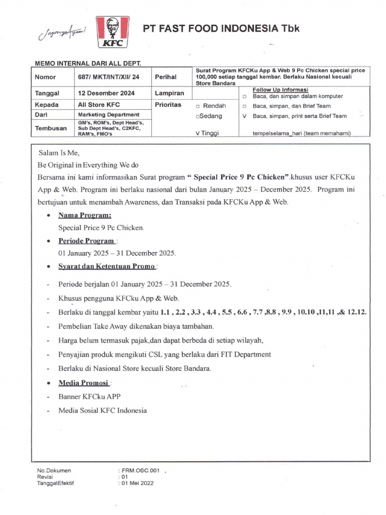 Surat Program KFCKu App & Web 9Pc Chicken Special Price Mulai Dari ...