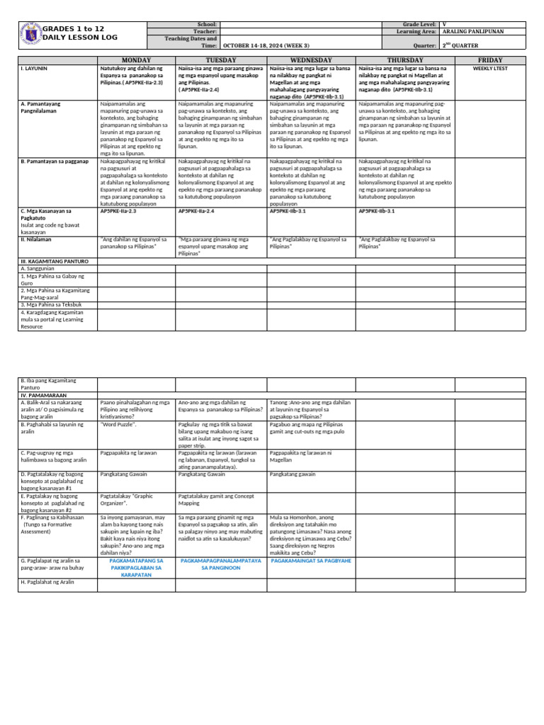 DLL - Araling Panlipunan 5 - Q2 - W3 | PDF