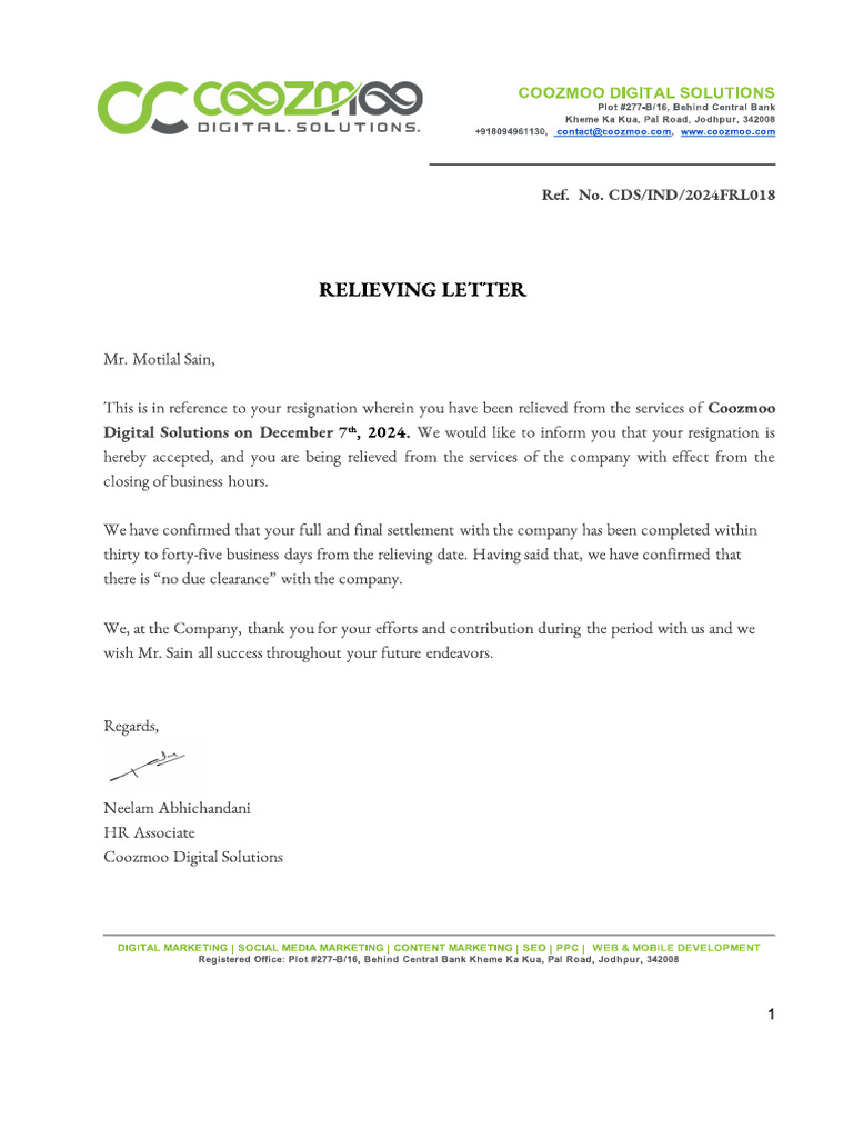 Relieving Letter - Motilal Sain | PDF