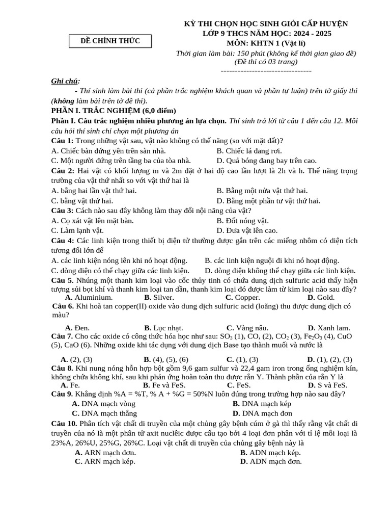 Đề KHTN 1 | PDF