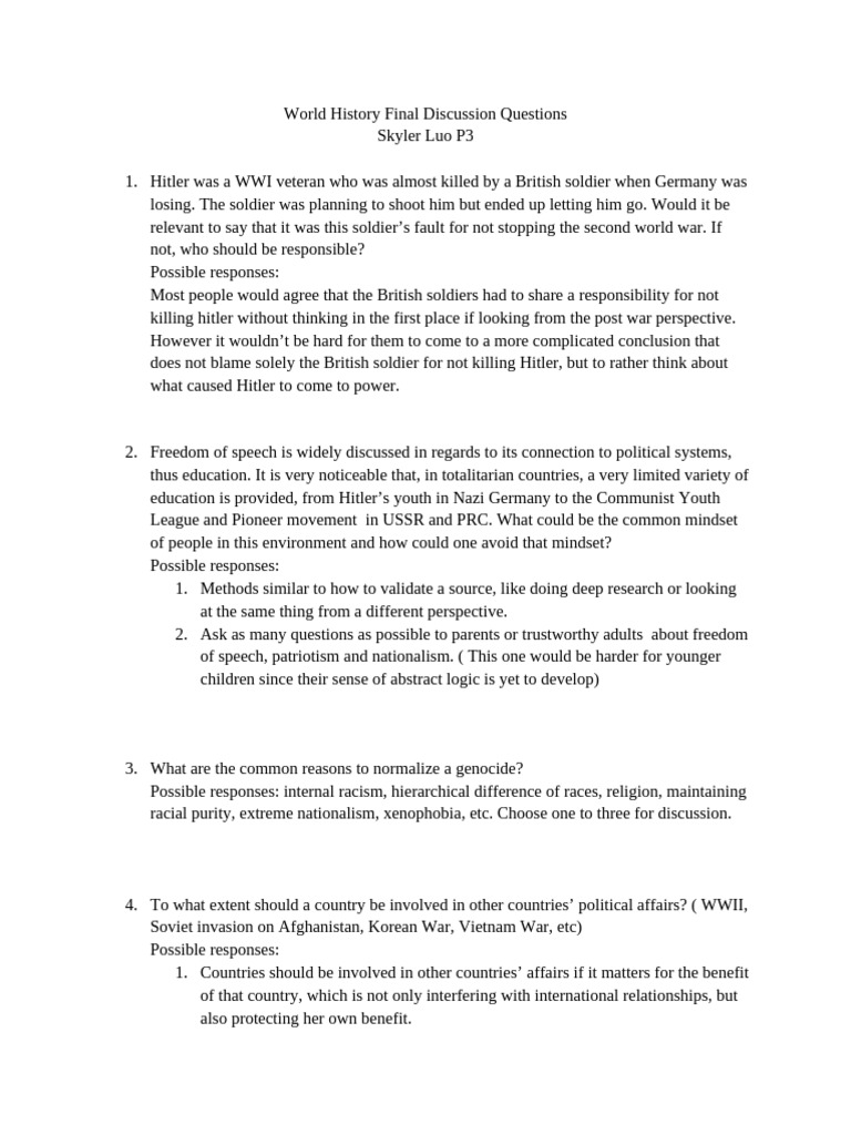 World History Final Discussion Questions | PDF | Adolf Hitler | World ...