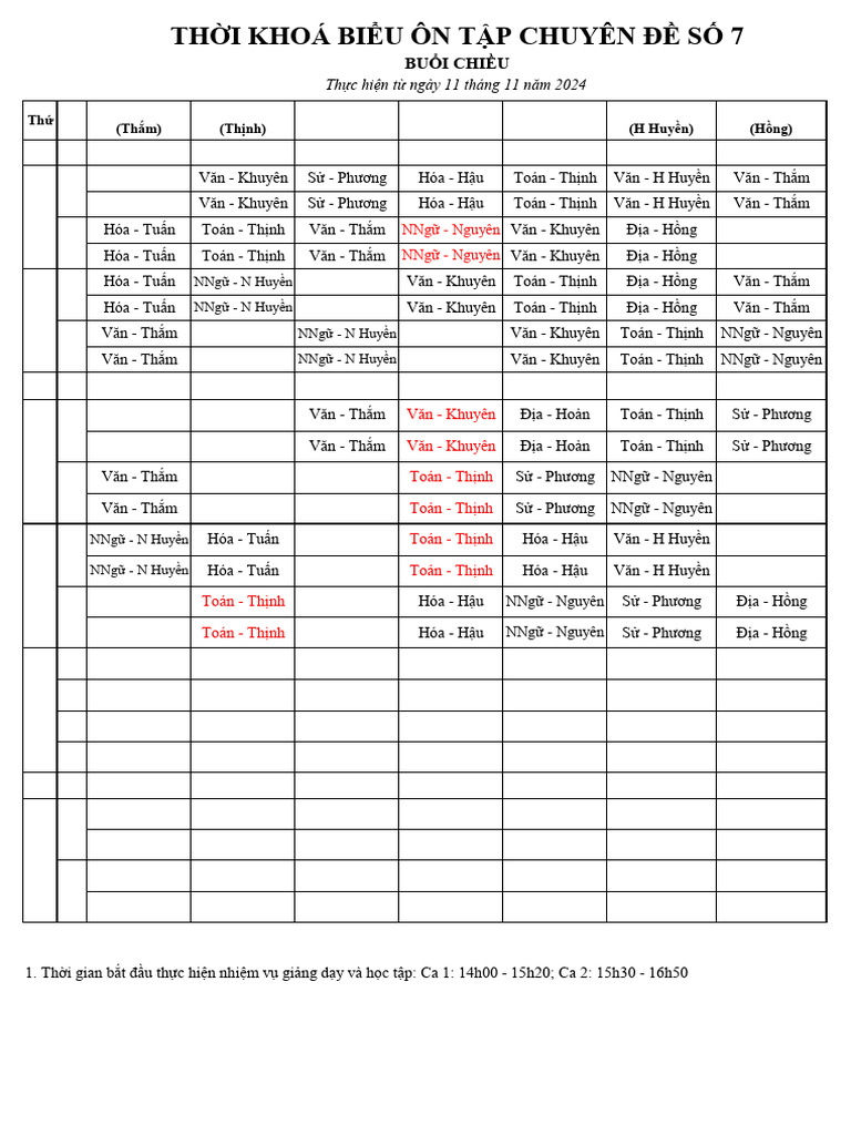 TKB On Tap Chuyen de So 7.thuc Hien Tu 11.11.2024 | PDF