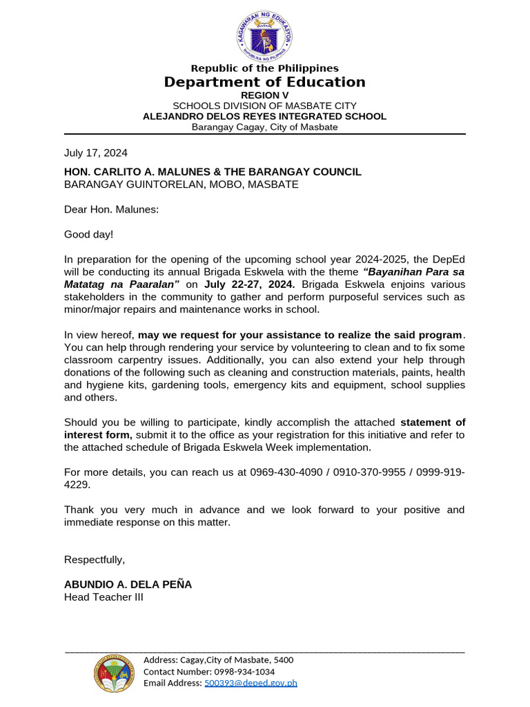 Letter of Invitations BE 2024 For Punong Barangays and Association ...