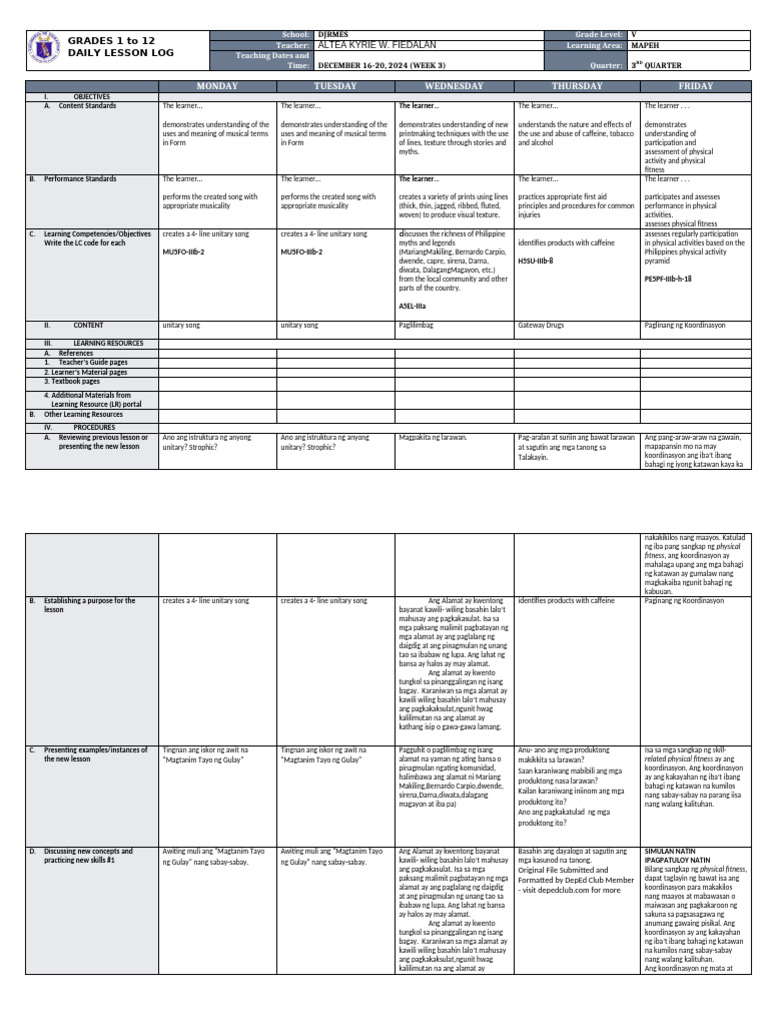 DLL - Mapeh 5 - Q3 - W3 | PDF