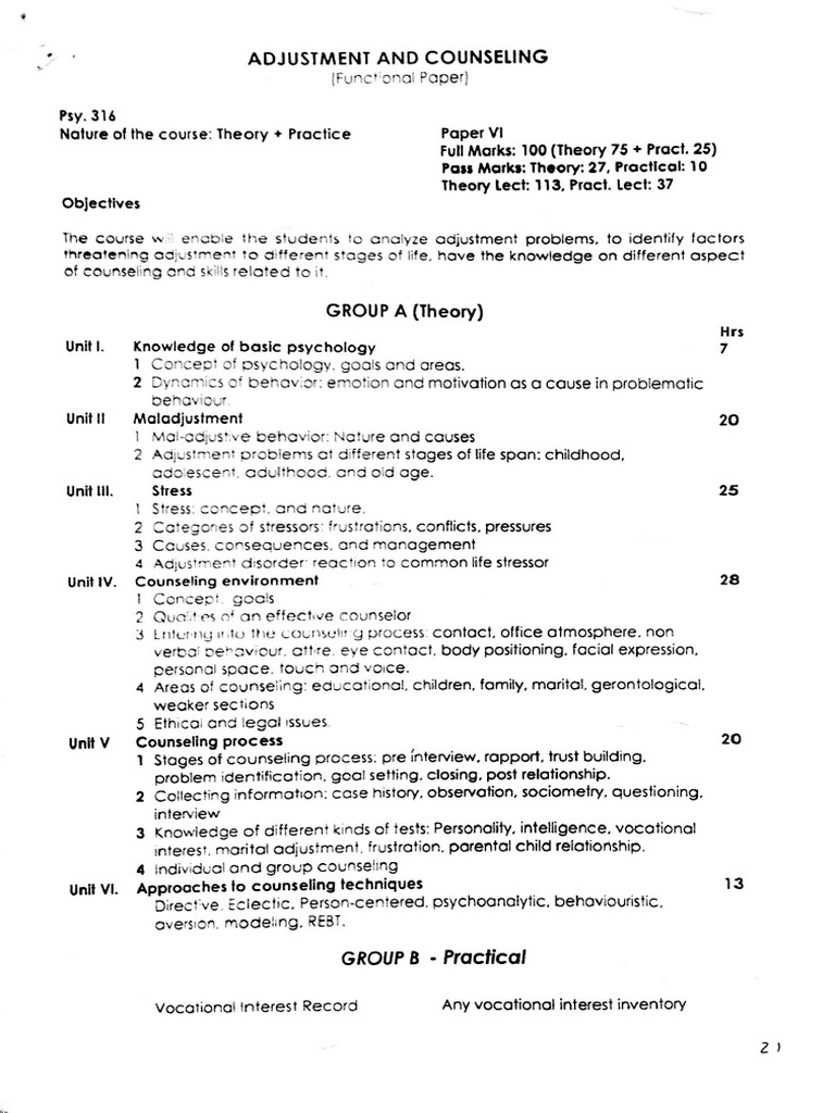 BA - Adjustment and Counseling BA Psychology Syllabus | PDF