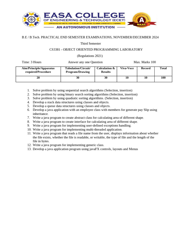 CS3381 OOP Lab Exam Guide 2024 | PDF