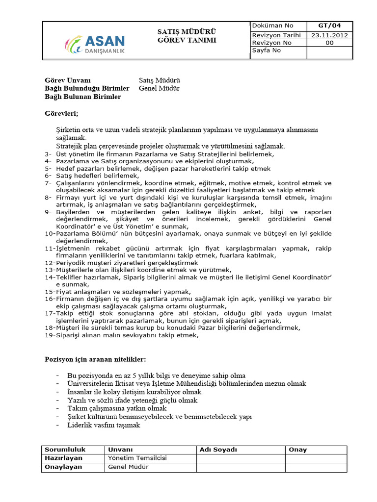 Satis Muduru Gorev Tanimlari | PDF