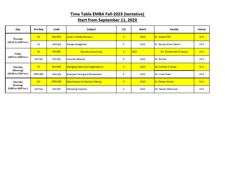 Timetable Fall-2023 | PDF