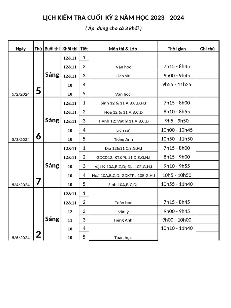 Lịch Thi Cuối HK 2 | PDF