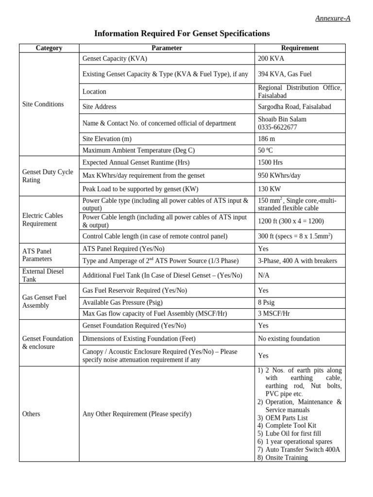 Information Required For Genset Specification Annexure-A | PDF ...