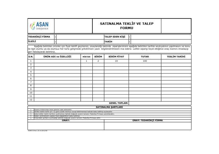 Satinalma Teklif Ve Talep Formu | PDF