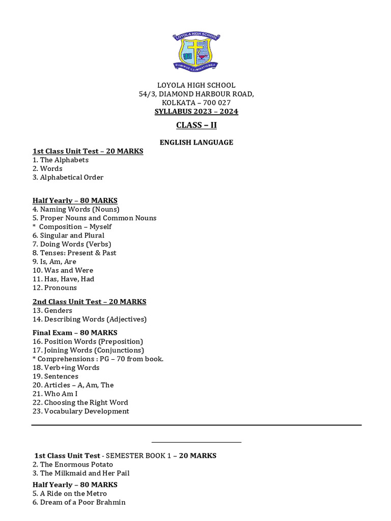 CLASS - II SYLLABUS (2023-2024) | PDF | Noun | Word