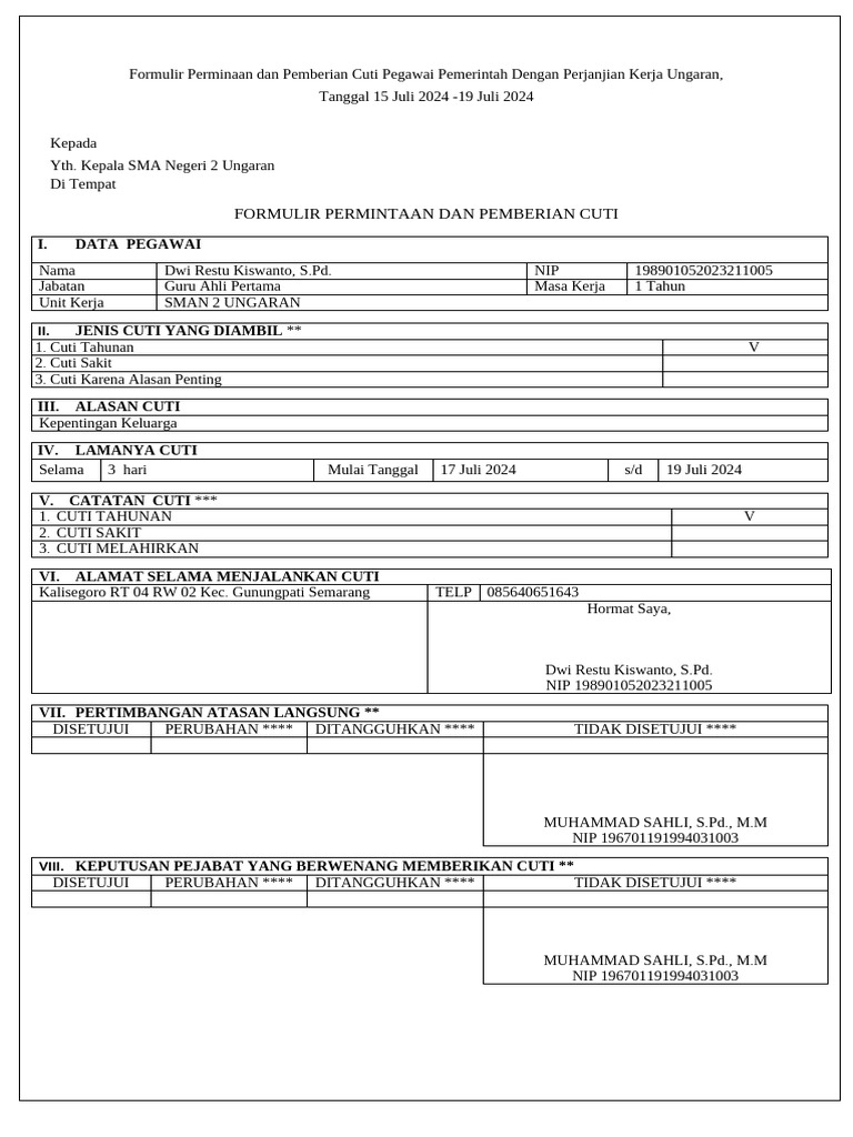 Formulir Permintaan Dan Pemberian Cuti PPPK Restu | PDF