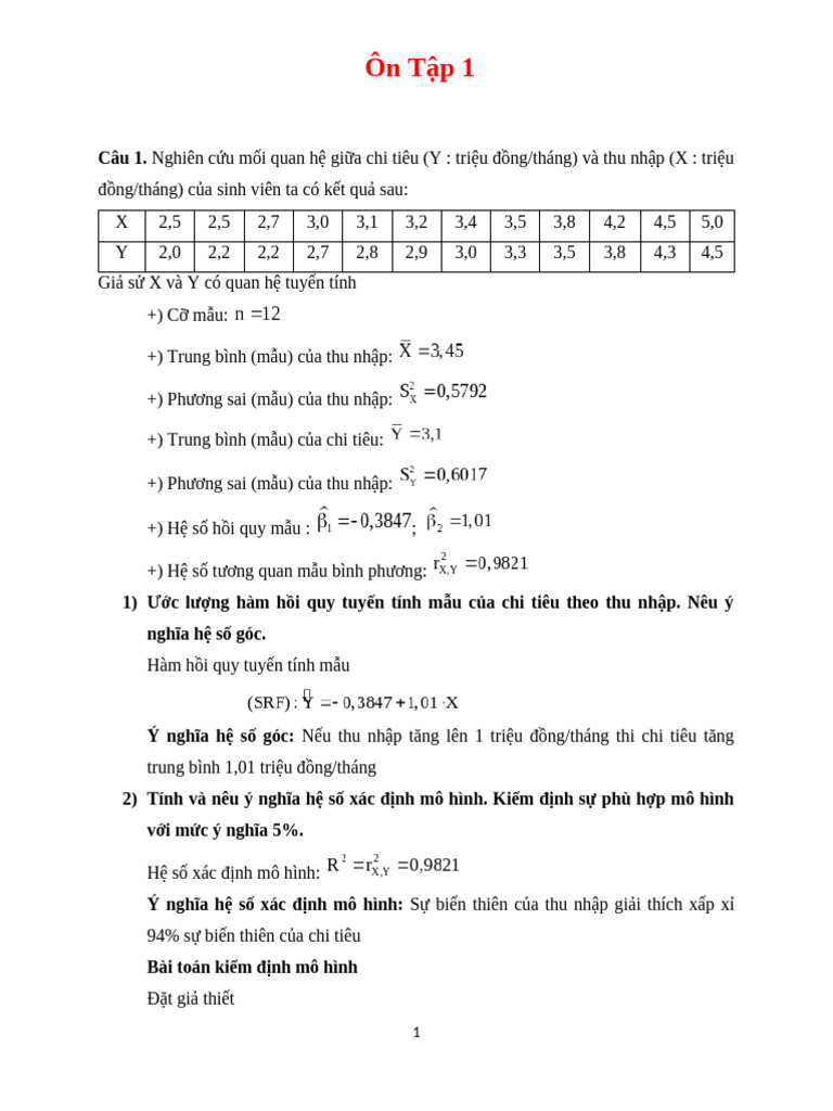 Bài Tâp Ôn Tập KTL - Hồi Quy Đơn | PDF