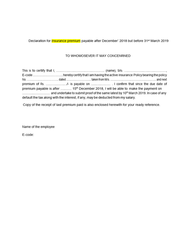 Declaration For Insurance Premium Payable Before 31st Mach 2019 | PDF