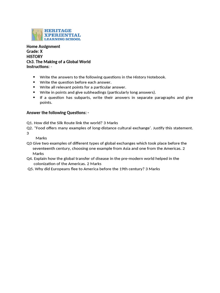 HW History Grade X Making of Global World 24-25 | PDF