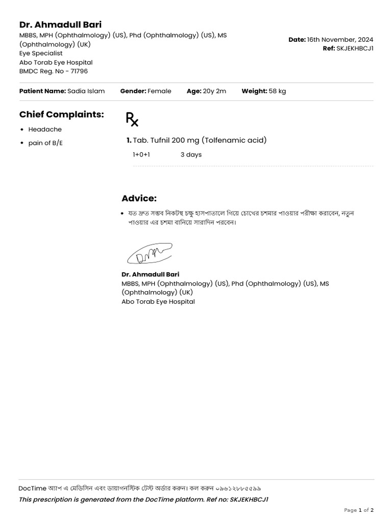 Dr. Ahmadull Bari: 1. Tab. Tufnil 200 MG (Tolfenamic Acid) | PDF