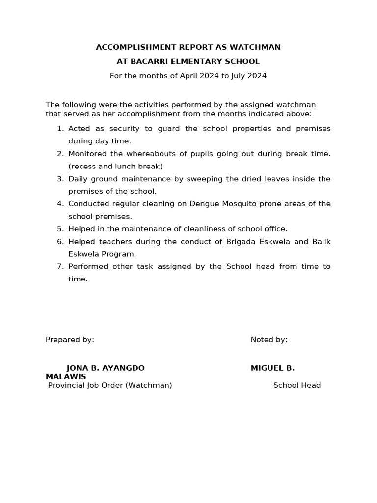 ACCOMPLISHMENT REPORT AS WATCHMAN | PDF