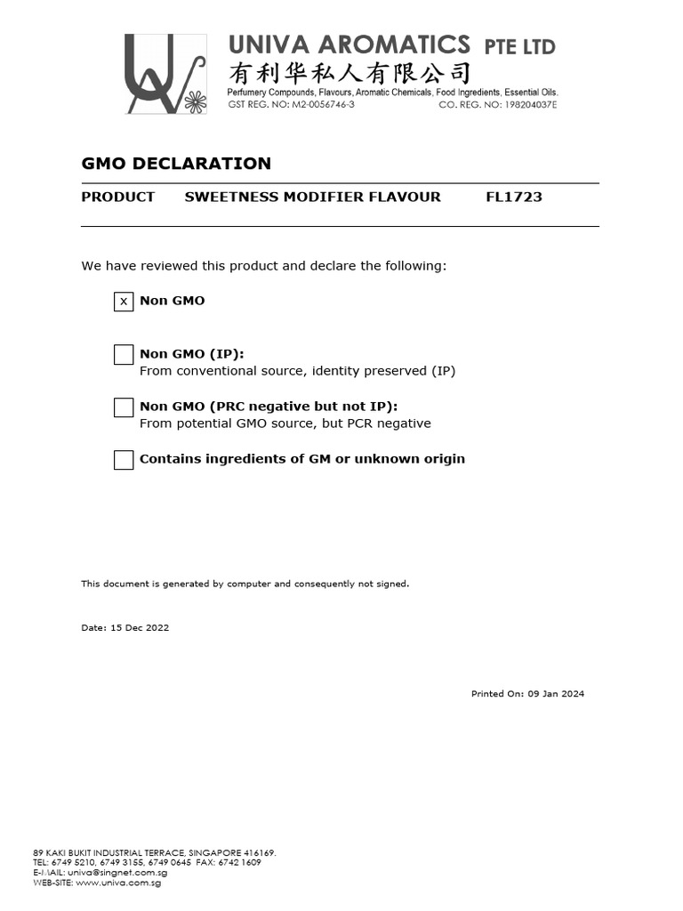 Fl1723 Sweetness Modifier Flavour #Gmo Declaration | PDF