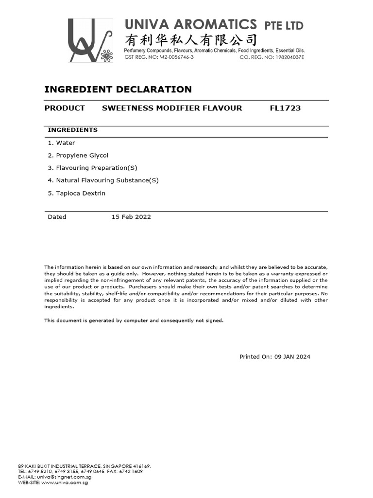 Fl1723 Sweetness Modifier Flavour #Ingredient Declaration | PDF