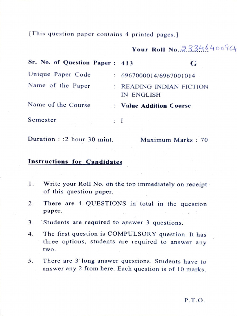 Reading Indian Fiction Exam Paper | PDF