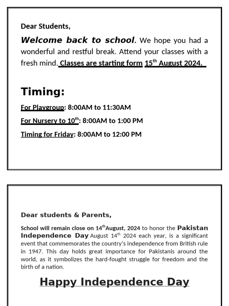 School Schedule & Independence Day Notice | PDF