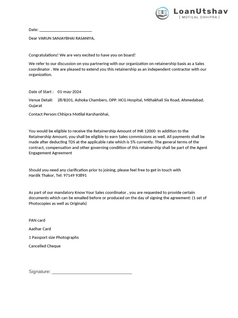 Sales Coordinator Retainership Agreement | PDF