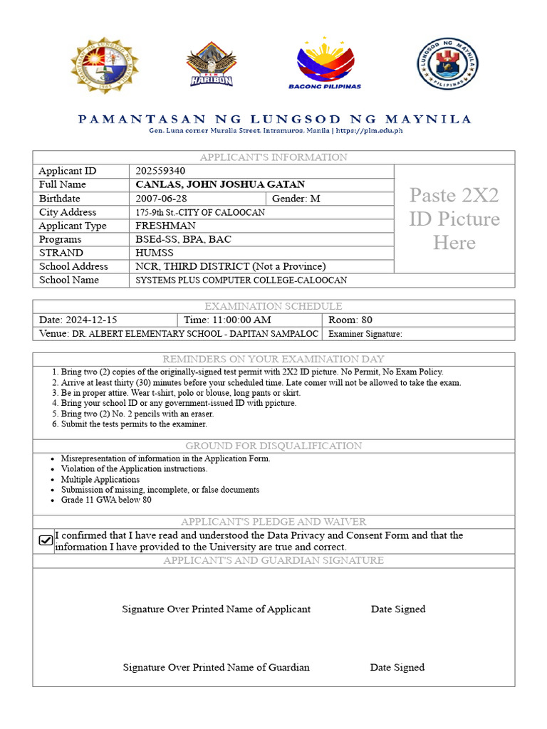 PLMAT Test Permit | PDF