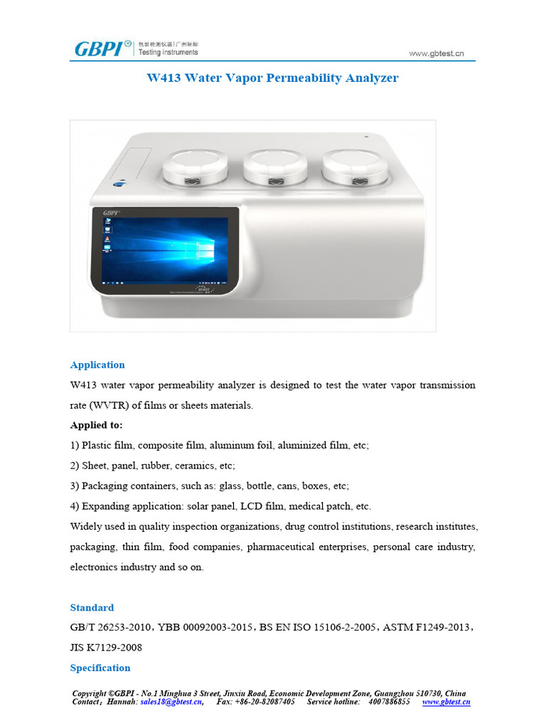 W413 2.0 WVTR Permeability Analzyer | PDF | Humidity