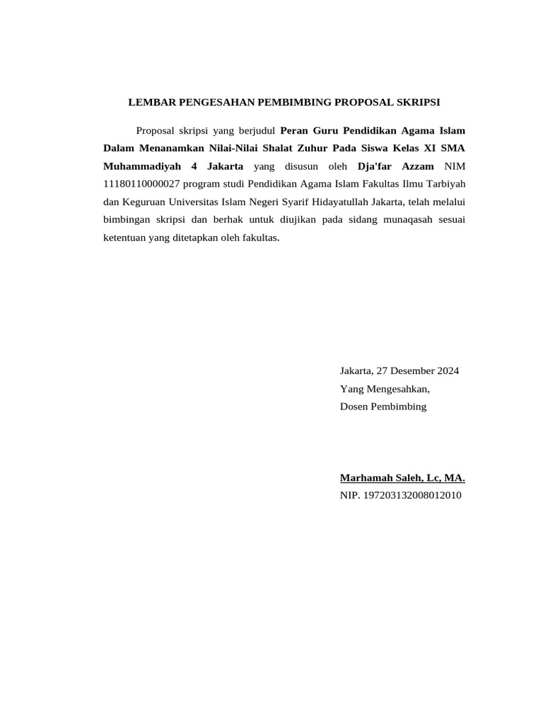 Lembar Pengesahan Pembimbing Proposal Skripsi - Bu Marhamah | PDF