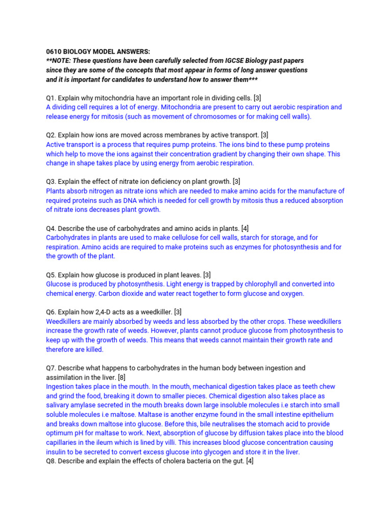 IGCSE Biology Model Answers Guide | PDF | Immune System | Chemical Synapse
