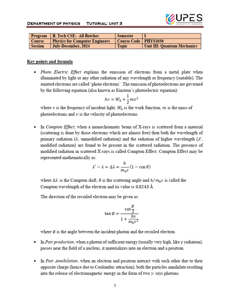 Tutorial Unit III Quantum Mechanics 2024-25 Sem I | PDF | Waves ...
